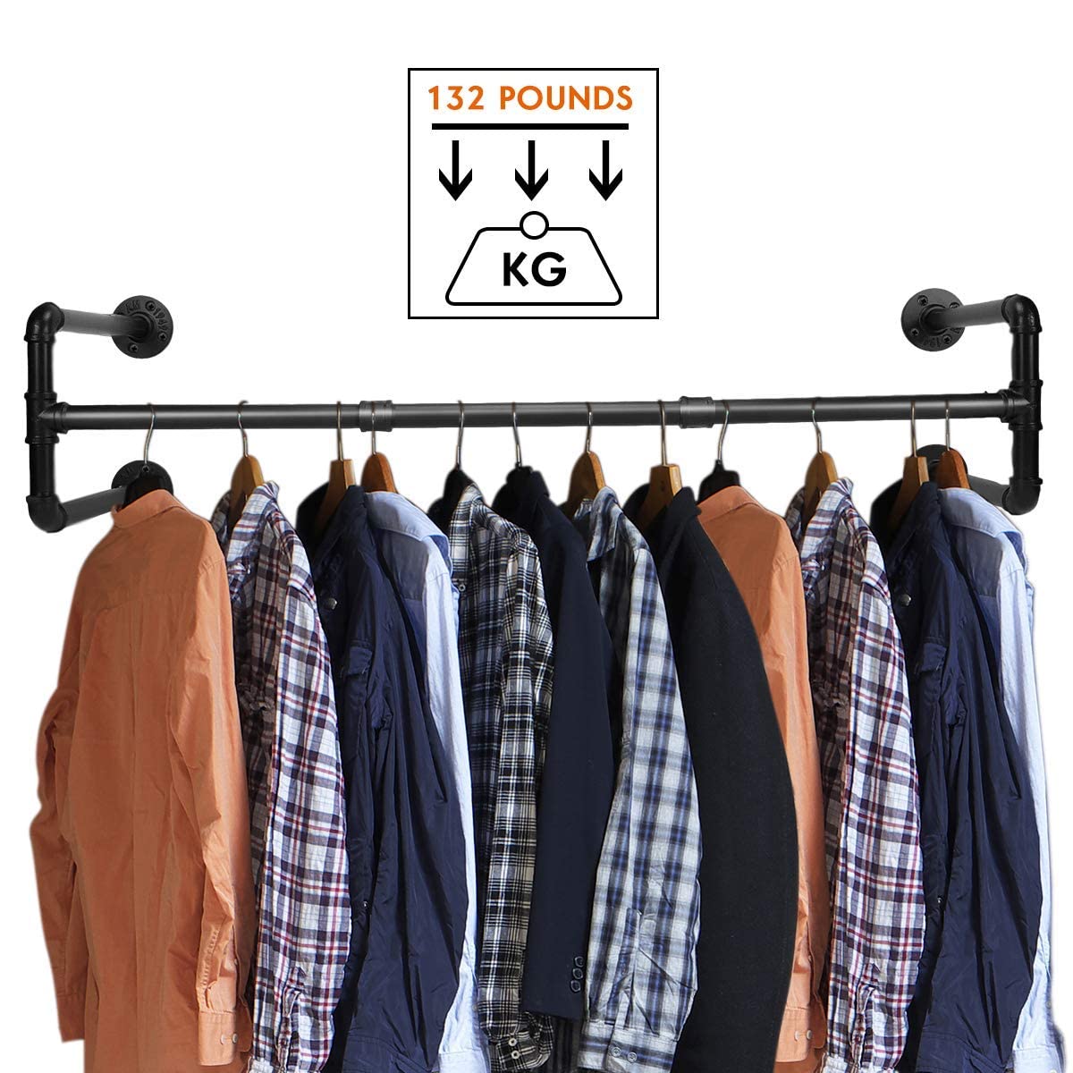 MY RUSTIC Industrial Pipe Clothes Rack-43 Inch, Heavy Duty Detachable Wall Mounted Black Iron Garment Bar, Multi-Purpose Hanging Rod for Closet Storage, Black- 43" L (43" L x 12" W) 41 (black 2)