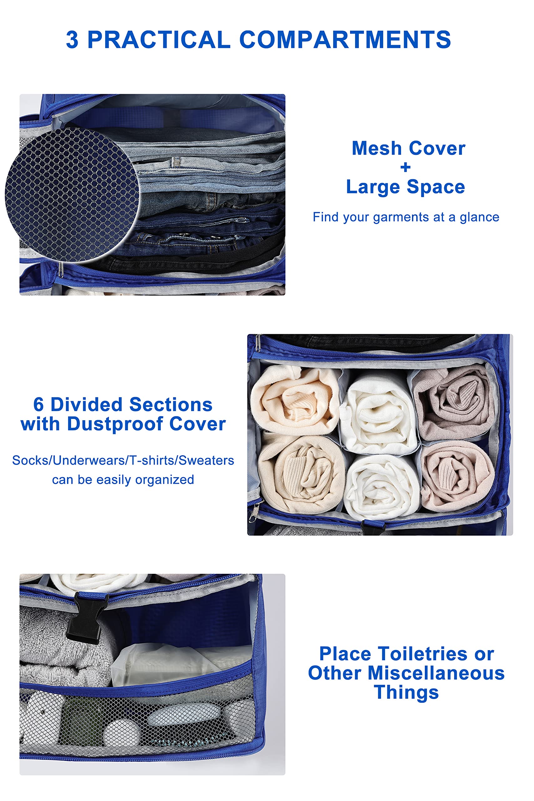 ELEZAY Hanging Packing Cubes Transformable Garment Closet Organizers Storage for Suitcases Carry on Luggage Compression Travel Bag with Shelves for Hotel Wardrobe Camper Accessories X-Large, Blue