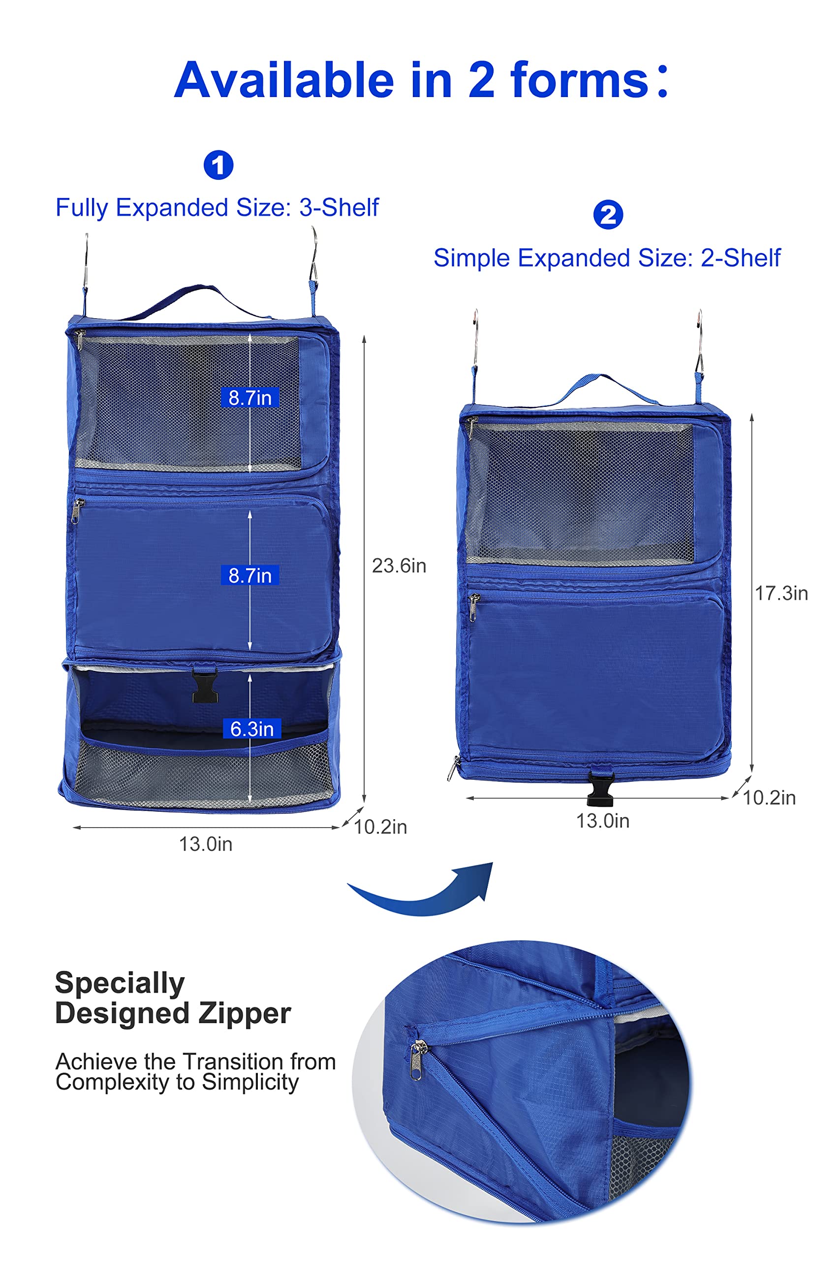 ELEZAY Hanging Packing Cubes Transformable Garment Closet Organizers Storage for Suitcases Carry on Luggage Compression Travel Bag with Shelves for Hotel Wardrobe Camper Accessories X-Large, Blue