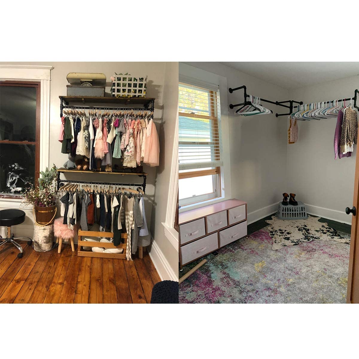 MY RUSTIC Industrial Pipe Clothes Rack-43 Inch, Heavy Duty Detachable Wall Mounted Black Iron Garment Bar, Multi-Purpose Hanging Rod for Closet Storage, Black- 43" L (43" L x 12" W) 41 (black 2)