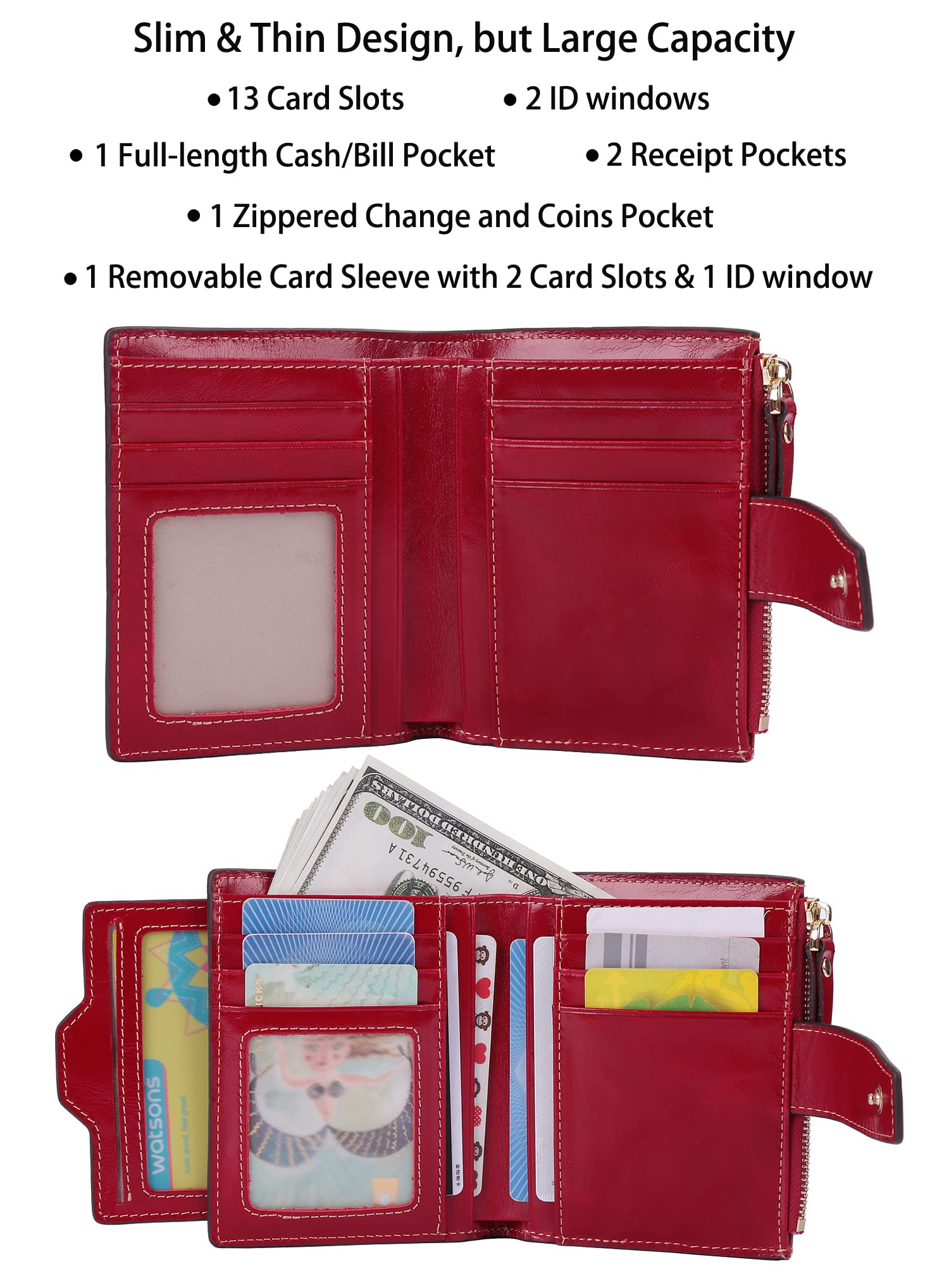 AINIMOER Women's RFID Blocking Leather Small Compact Bi-fold Zipper Pocket Wallet Card Case Purse with id Window (Waxed Red)