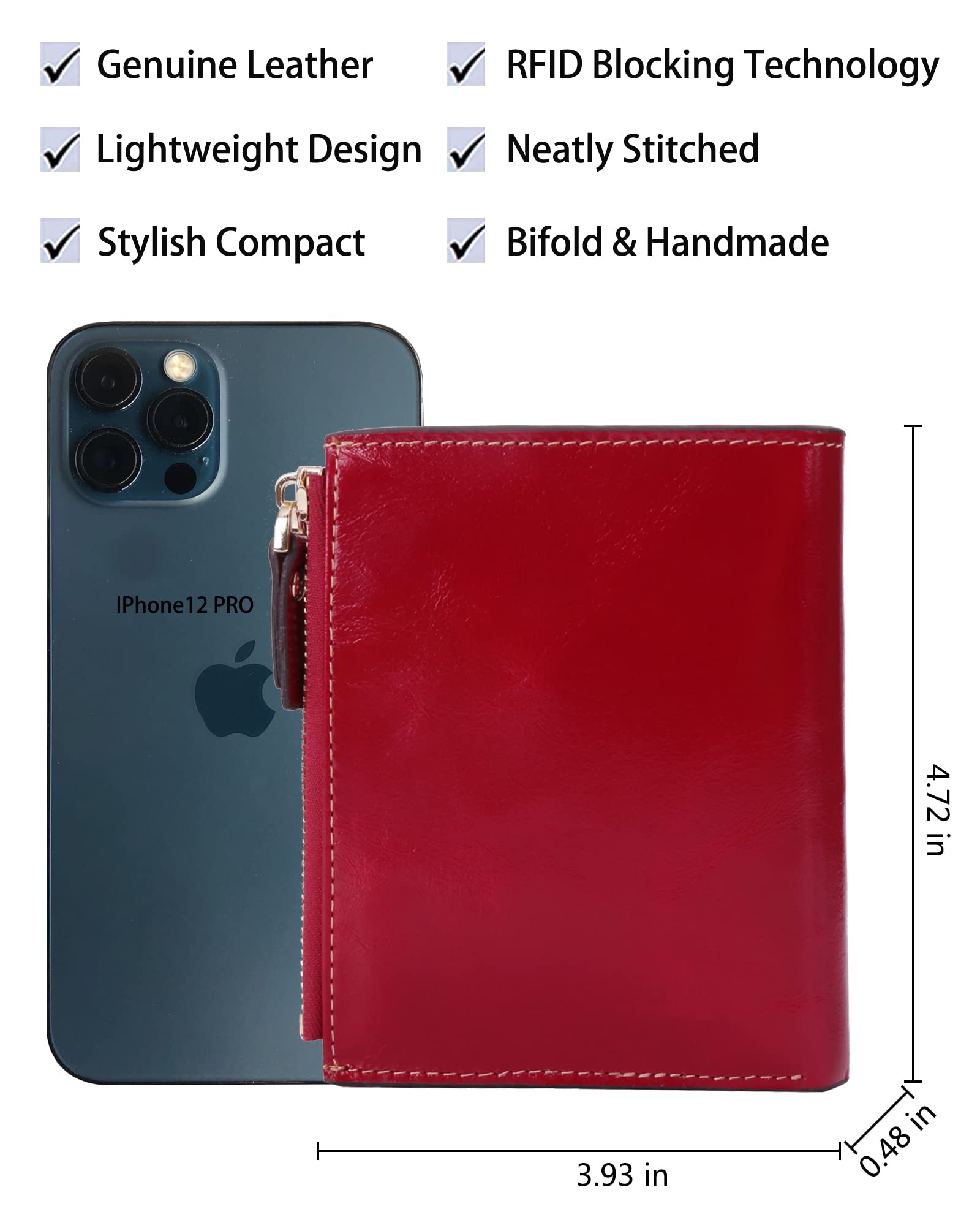 AINIMOER Women's RFID Blocking Leather Small Compact Bi-fold Zipper Pocket Wallet Card Case Purse with id Window (Waxed Red)
