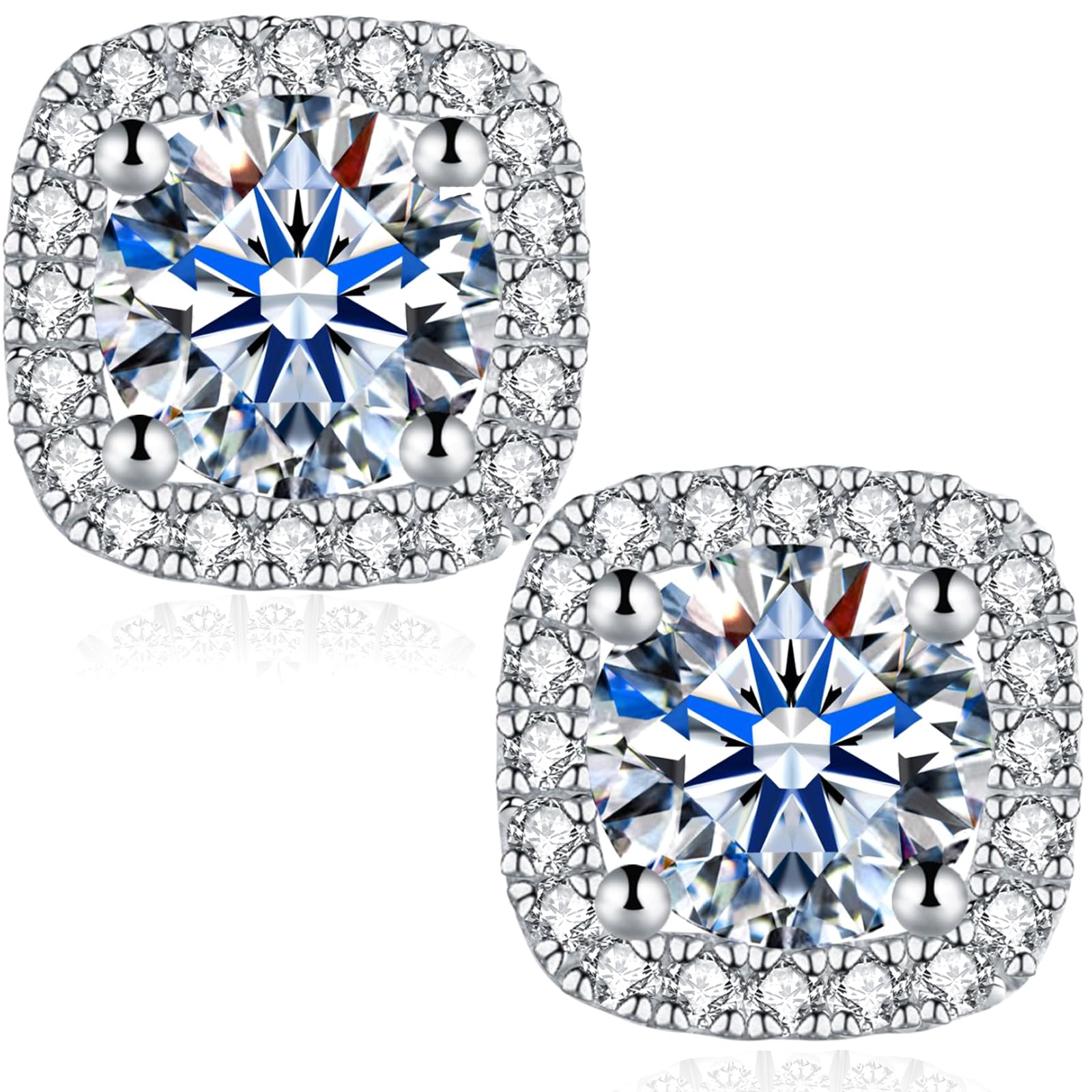 Tunzug Moissanite Halo Earrings Square 0. 5-3 Carat 925 Sterling Silver Plated 18K Gold Plated Friction Flat D Color VVS1 Clear Earrings for Men Women