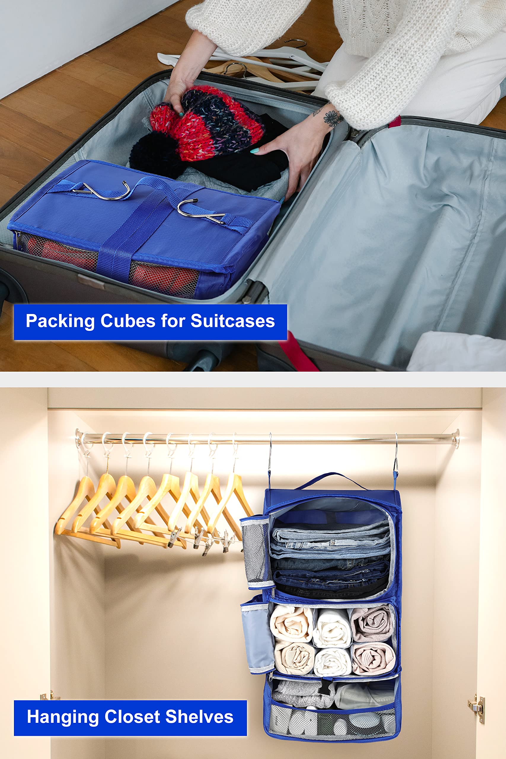 ELEZAY Hanging Packing Cubes Transformable Garment Closet Organizers Storage for Suitcases Carry on Luggage Compression Travel Bag with Shelves for Hotel Wardrobe Camper Accessories X-Large, Blue
