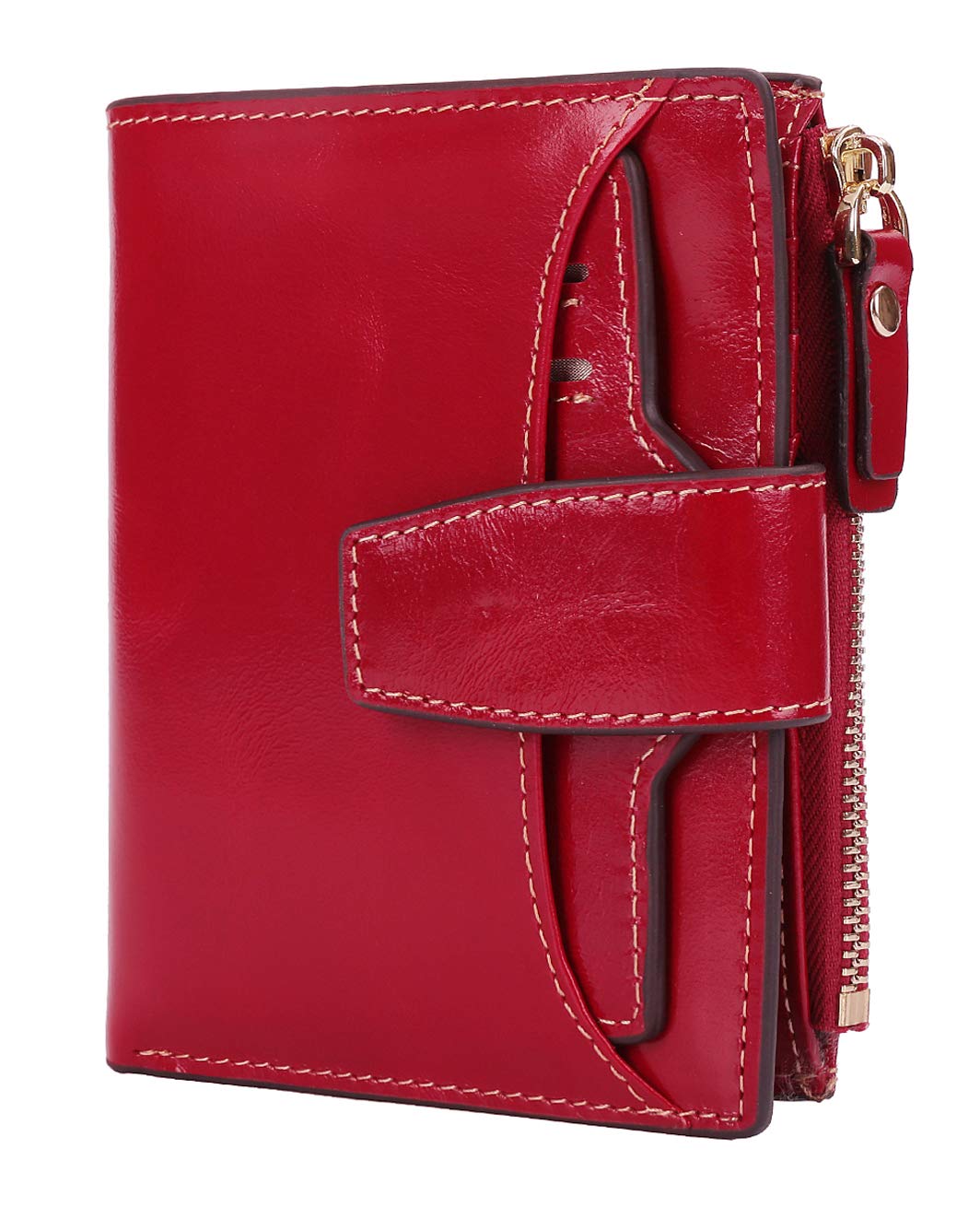 AINIMOER Women's RFID Blocking Leather Small Compact Bi-fold Zipper Pocket Wallet Card Case Purse with id Window (Waxed Red)