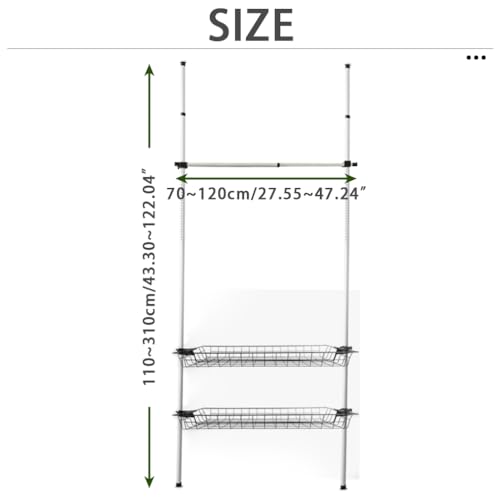 Hershii Adjustable Clothes Hanging Rail Heavy Duty Indoor Garment Rack Shelf Tidy Poles Floor to Ceiling Telescopic Closet Wardrobe Organizer Height 110-310cm, White, with Storage Basket
