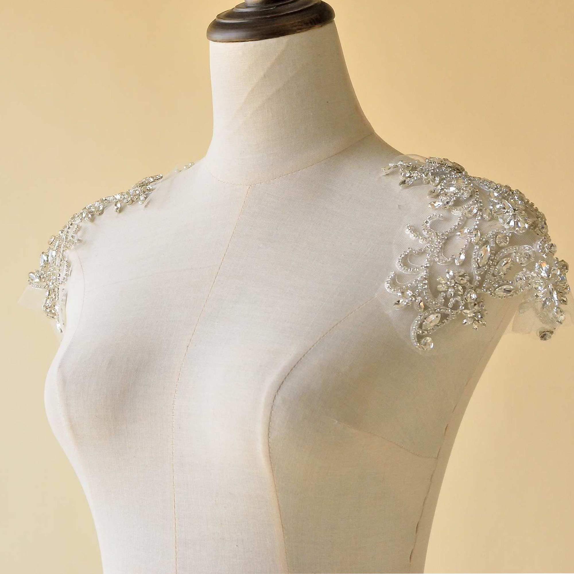 Sparkling Rhinestone Applique Shoulder Accessories Sleeve Diamante Craft Sewing on Bridal Wedding Dress Gown (1 Pair)
