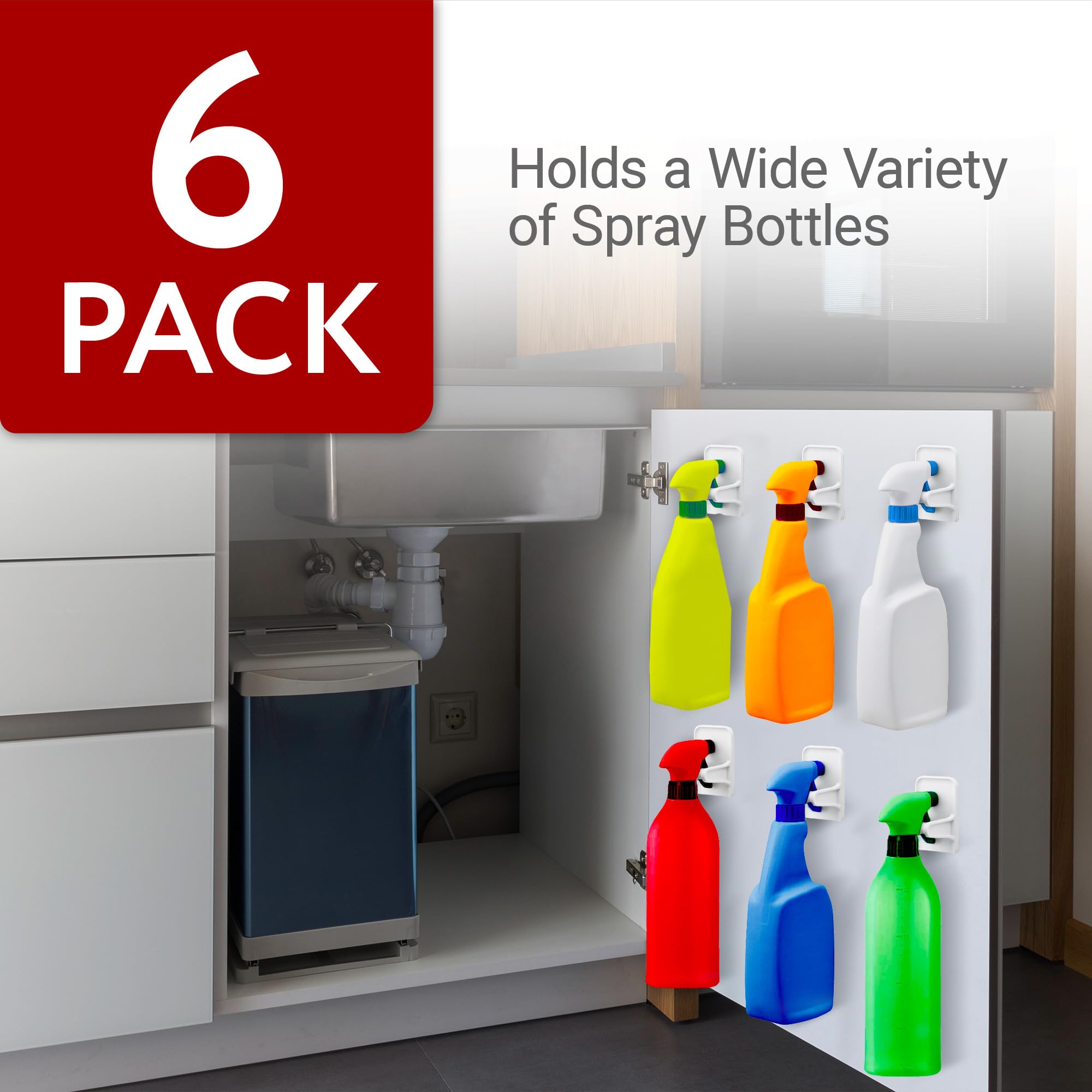 [6 Pack] Wall Mount Spray Bottle Holder to Create Storage Space - Easy to Install Spray Bottle Hanger - Strong Hold Spray Bottle Holder Wall Mount to a Variety of Surfaces - Spray Bottle Wall Holder