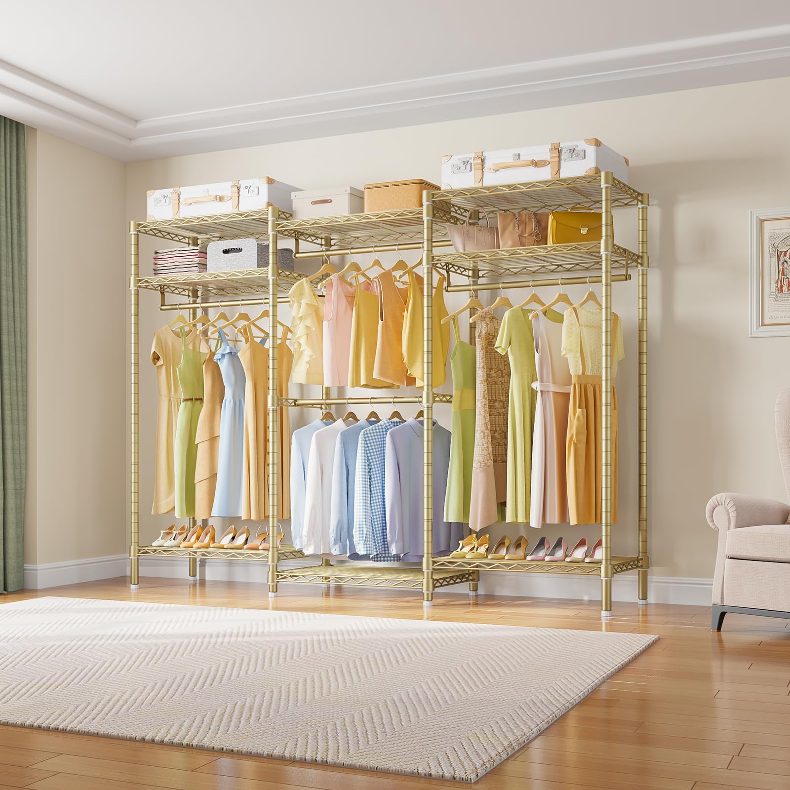 VIPEK V5i Garment Rack Heavy Duty Clothes Rack, Portable Closet Wardrobe Bedroom Armoires Freestanding Clothing Rack with 8 Adjustable Shelves & 4 Hang Rods, 68.9" L x 15.7" W x 76.4" H, Gold