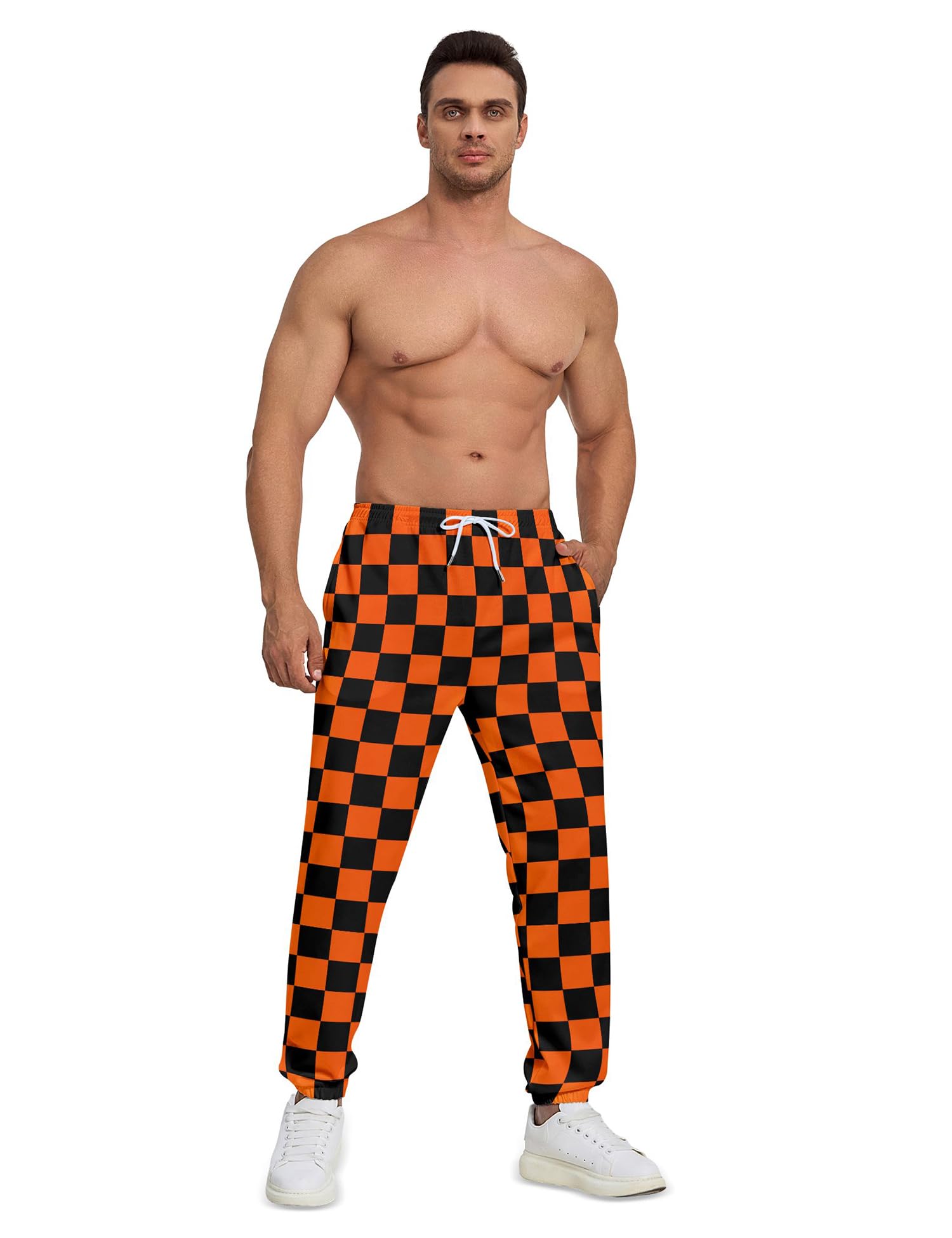 QINGXUN Sweatpants for Men Black Checkered Pants Men Lightweight Joggers Pants Drawstring Checkered Sports Pants with Pockets