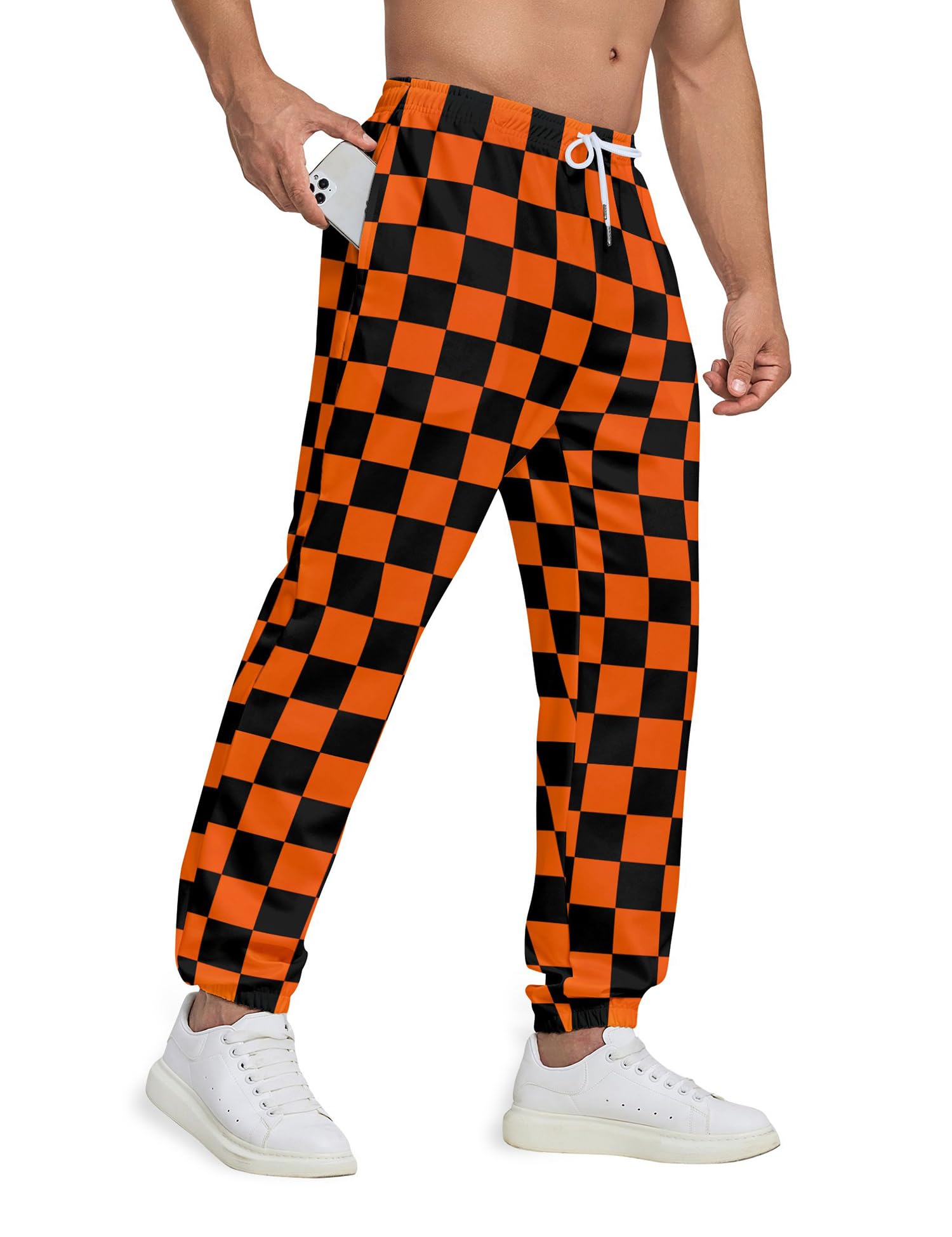QINGXUN Sweatpants for Men Black Checkered Pants Men Lightweight Joggers Pants Drawstring Checkered Sports Pants with Pockets
