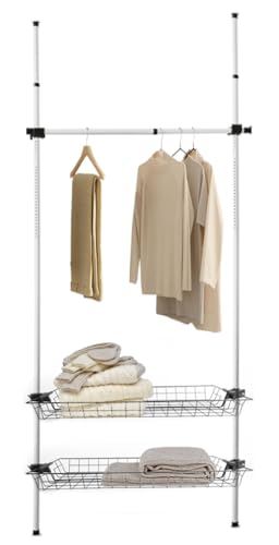 Hershii Adjustable Clothes Hanging Rail Heavy Duty Indoor Garment Rack Shelf Tidy Poles Floor to Ceiling Telescopic Closet Wardrobe Organizer Height 110-310cm, White, with Storage Basket