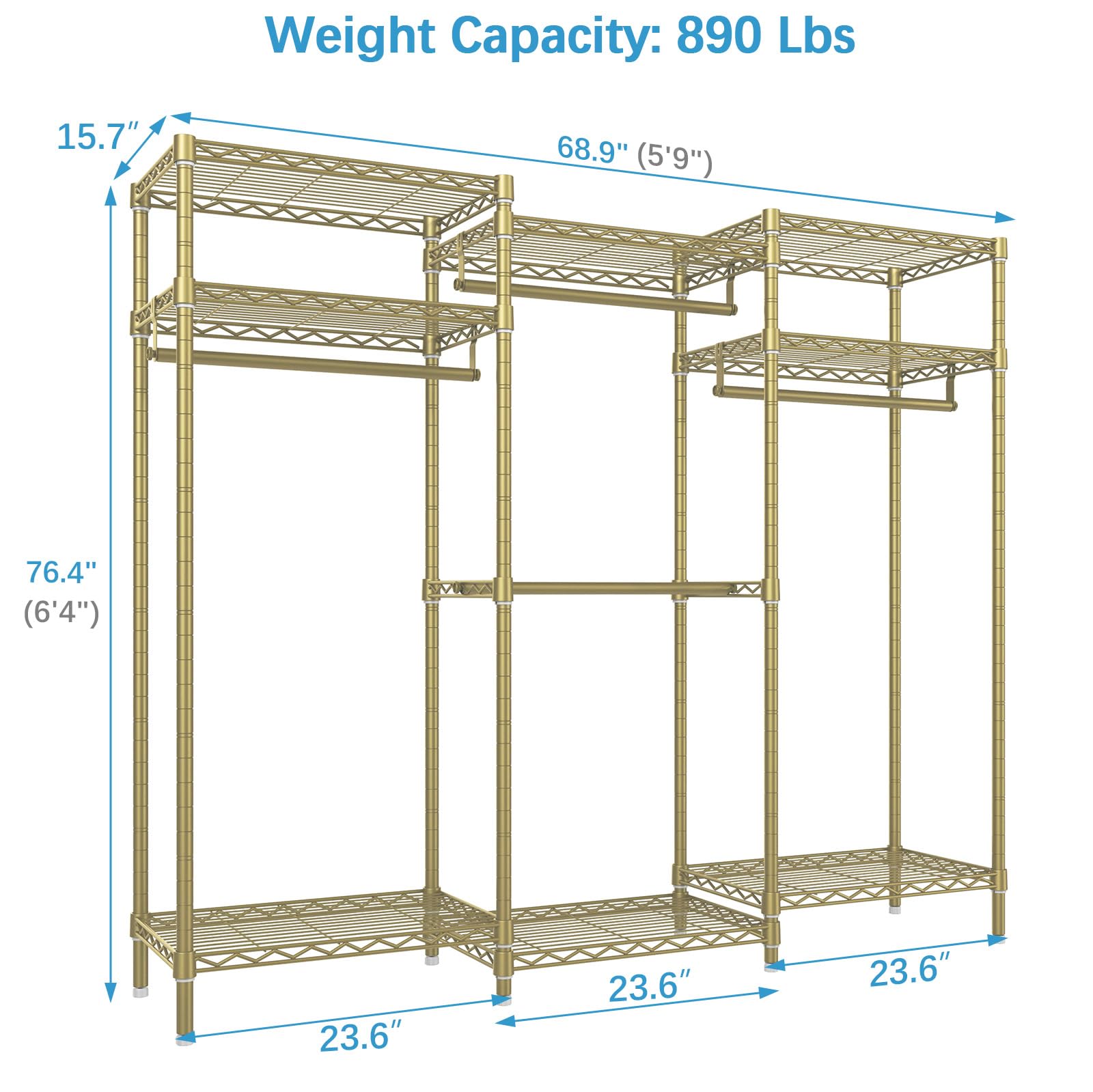 VIPEK V5i Garment Rack Heavy Duty Clothes Rack, Portable Closet Wardrobe Bedroom Armoires Freestanding Clothing Rack with 8 Adjustable Shelves & 4 Hang Rods, 68.9" L x 15.7" W x 76.4" H, Gold