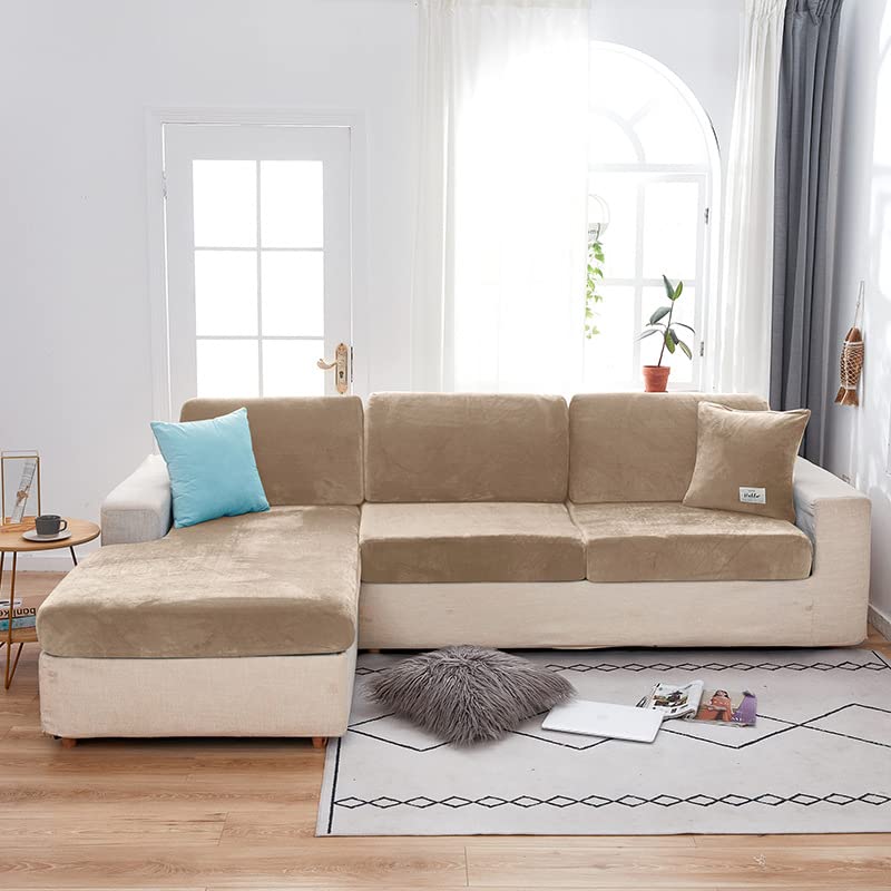 Jonuiony Wear-Resistant Universal Sofa Cover, Stretch Velvet Separate Couch Cushion Slipcovers, L Shape Sofa Chaise Covers for Both Left/Right Sectional Couch Protector(Camel,Back Cover)
