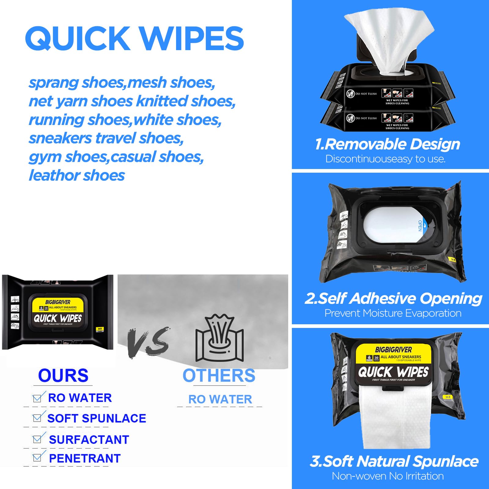 BIGBIGRIVER Shoe wipes 2 Pack 60 Pcs Sneaker Wipes Cleaner Quick Wipes Travel Portable Removes Dirt, Stains