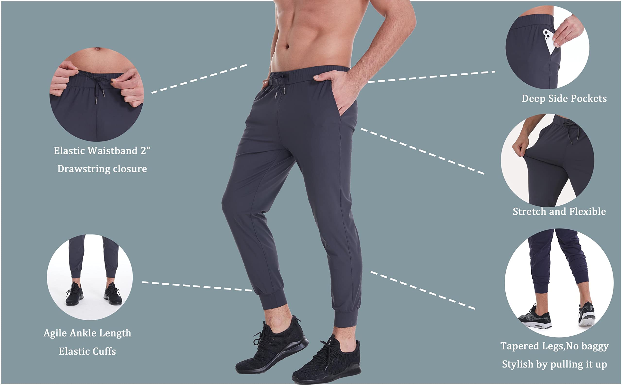 AbleTree 27" Inseam Athletic Jogger Pants for Short Men 7/8 Quick Dry Workout Tapered Stretch Sweatpants Casual