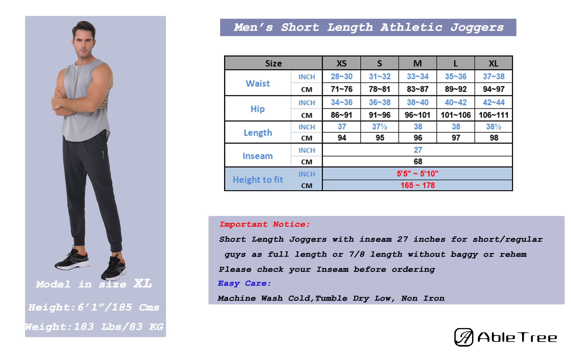 AbleTree 27" Inseam Athletic Jogger Pants for Short Men 7/8 Quick Dry Workout Tapered Stretch Sweatpants Casual
