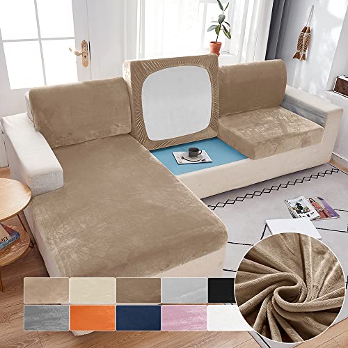 Jonuiony Wear-Resistant Universal Sofa Cover, Stretch Velvet Separate Couch Cushion Slipcovers, L Shape Sofa Chaise Covers for Both Left/Right Sectional Couch Protector(Camel,Back Cover)