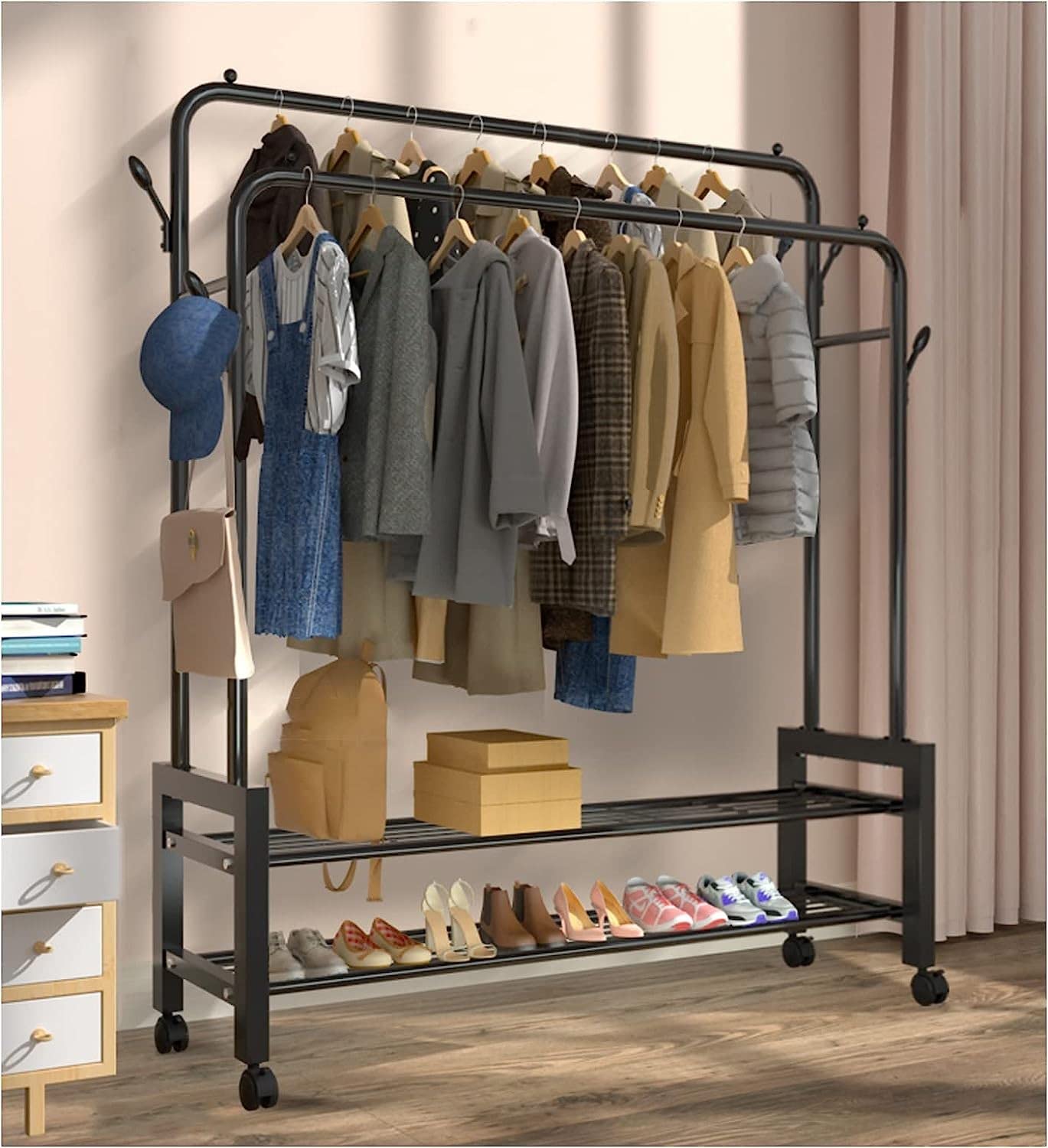 Double Garment Rail with Top Rod and 2-Tier Shelves Heavy Duty Stainless Steel Clothes Rack with Castors for Everyday Home Dormitory Hotel Adds Instant Closet Space (Color : Black, Size : 135CM)