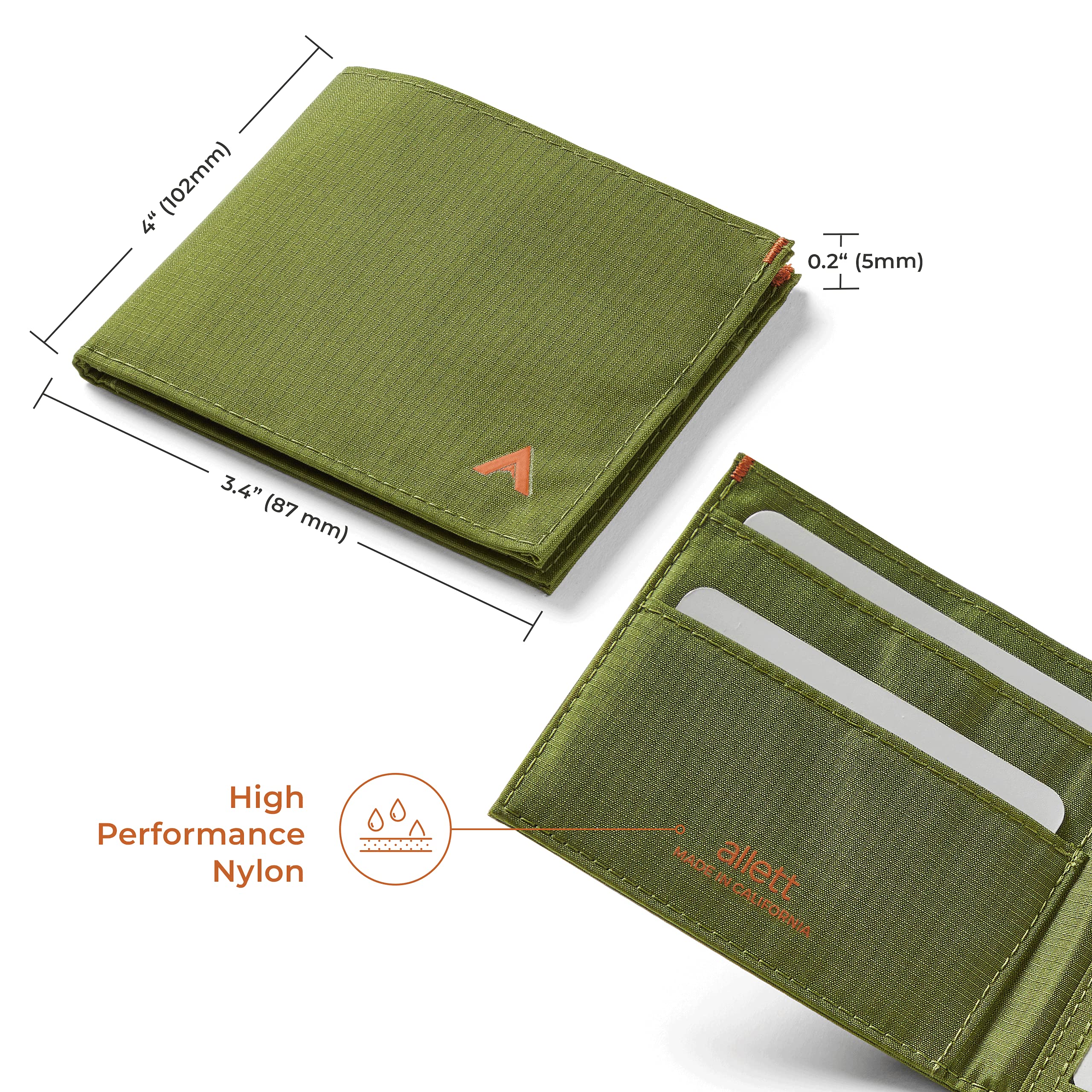 Allett Nylon Front Pocket ID Wallet, Cala Green | Vegan Front Pocket Bifold | Made With Moisture Wicking Nylon | Holds Up +/- 12 Cards