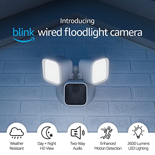 Blink Wired Floodlight Camera – Smart security camera, 2600 lumens, HD live view, enhanced motion detection, built-in siren, Works with Alexa – 1 camera (White)