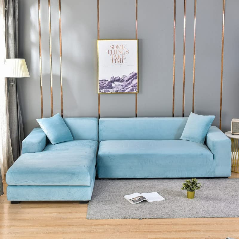 Velvet Sofa Slipover for L/U Shape Sofa Cover, Stretch 1 2 3 4 Seat Sectional Couch Cover Soft Non Slip Furniture Protector for Kids Pets Dogs (Light Blue,4seat/235-300cm/92-118in)