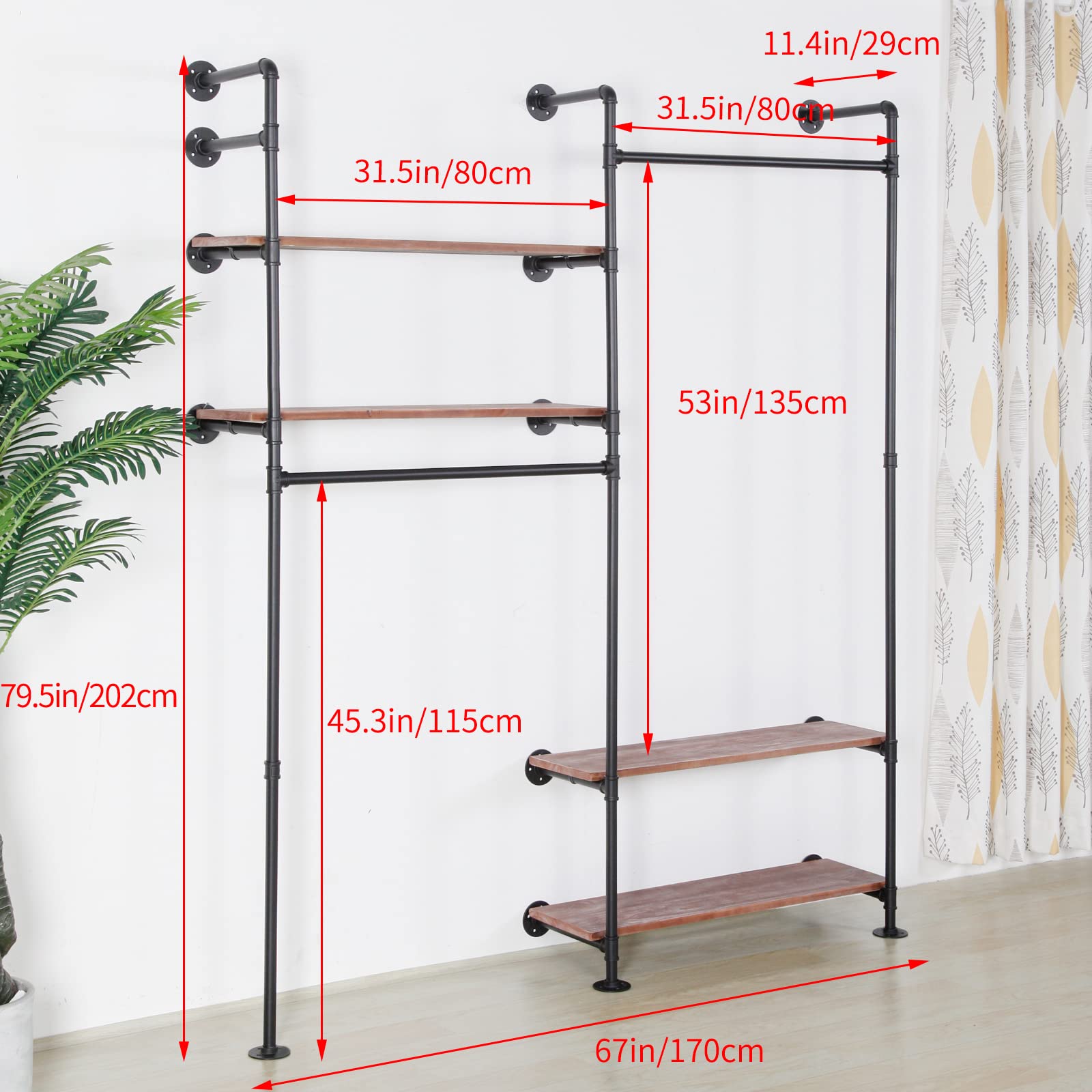 EDCB Industrial Pipe Double Hanging Rods Clothing Rack with 4 Tier Shelves, Heavy Duty Garment Rack Display Rack On Wall for Hanging Clothes Retail Display, Black