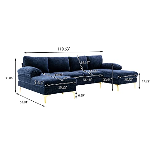 YeBingZhi 110.63" U Shaped Sectional Sofa Long Couch for Living Room Double Chaise Sofa with Comfortable Deep Seat Modern Large Sectional Sofa for Apartment Office (Navy Blue)