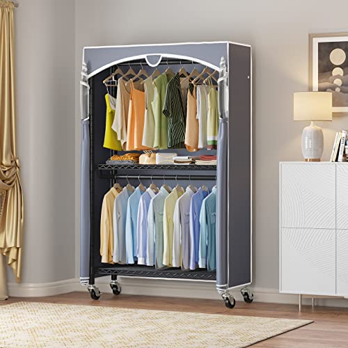 VIPEK R2C Plus Heavy Duty Rolling Garment Rack with Cover Adjustable Clothing Rack for Hanging Clothes Portable Closets with Double Rods, Wardrobe on Wheels, Black Rack with Grey Clear Window Cover