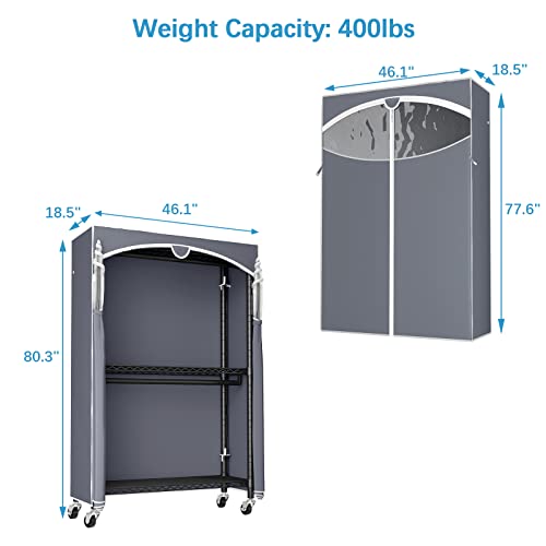 VIPEK R2C Plus Heavy Duty Rolling Garment Rack with Cover Adjustable Clothing Rack for Hanging Clothes Portable Closets with Double Rods, Wardrobe on Wheels, Black Rack with Grey Clear Window Cover