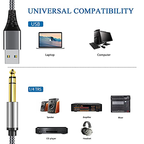 USB to 1/4 Male TRS Audio Stereo Cable, USB to 6.35mm Jack Audio Adapter Compatible with Laptop,Windows or PC,Amplifier, Speaker, Headphones.6.6FT Note:Not Applicable Recording,Truck,TV USB Ports1