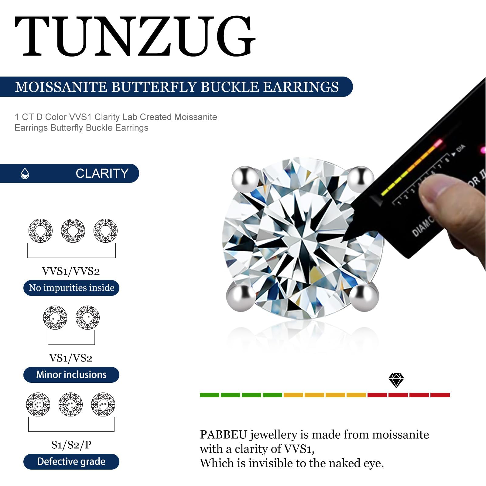 Tunzug Moissanite Stud Earrings DF Color Brilliant Round Cut Lab-Made Moissanite Earrings 18K Gold Plated 925 Sterling Silver Friction Base Stud Earrings for Men Women