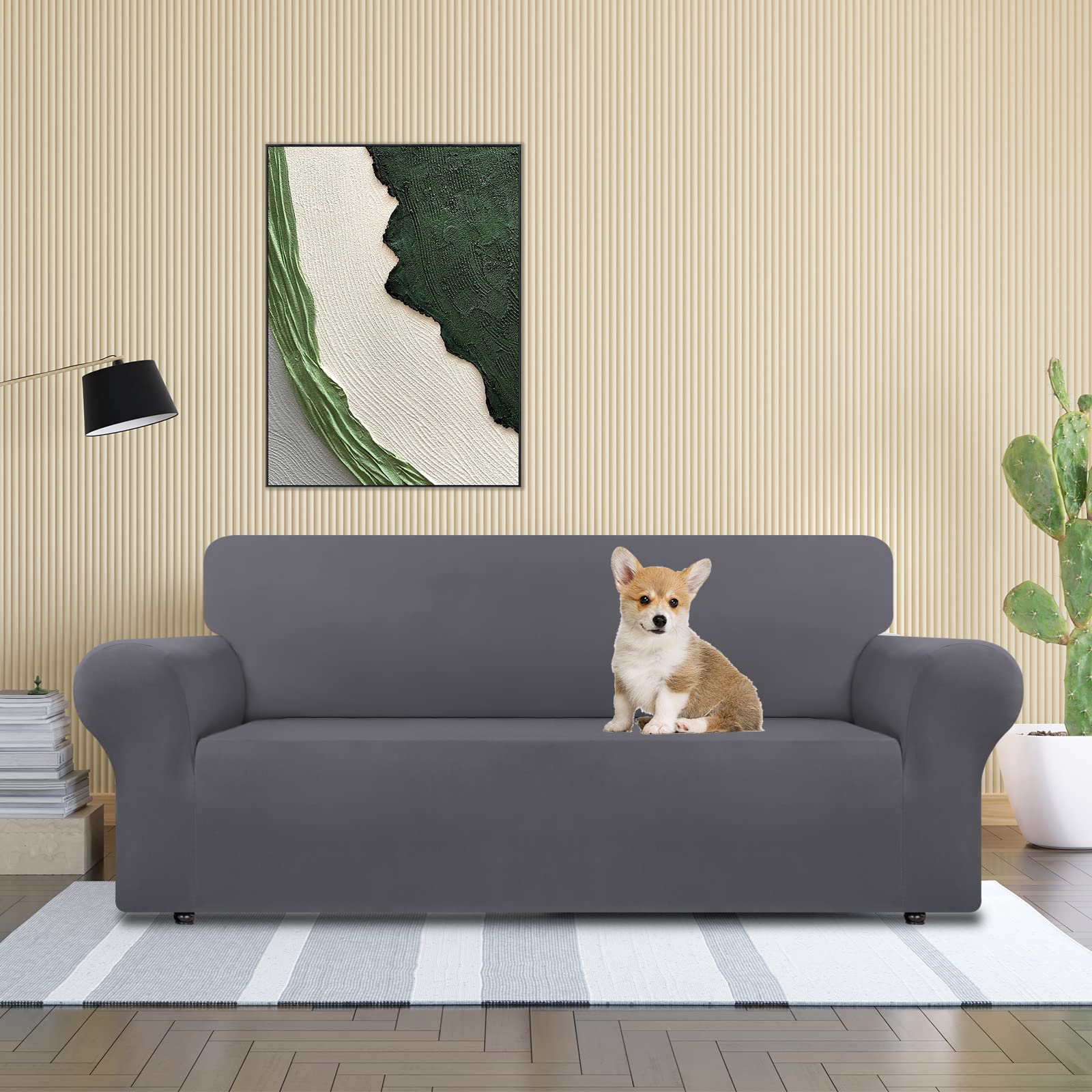 CWK Stretch Couch Covers for 3 Cushion Couch Sofa Spandex Non-Slip Soft Couch Sofa Cover Slipcovers,Furniture Protector with Non Skid Foam and Elastic Bottom for Kids,Dogs(Large,Dark Grey)