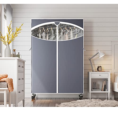 VIPEK R2C Plus Heavy Duty Rolling Garment Rack with Cover Adjustable Clothing Rack for Hanging Clothes Portable Closets with Double Rods, Wardrobe on Wheels, Black Rack with Grey Clear Window Cover