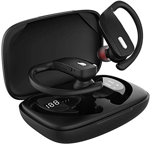 Wireless Earbuds Bluetooth Headphones, BD&M Sport Earphones with LED Display TWS Stereo Deep Bass Ear Buds with Earhooks Waterproof in-Ear Built-in Mic Headset for Running Workout - Black