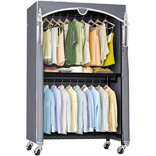 VIPEK R2C Plus Heavy Duty Rolling Garment Rack with Cover Adjustable Clothing Rack for Hanging Clothes Portable Closets with Double Rods, Wardrobe on Wheels, Black Rack with Grey Clear Window Cover