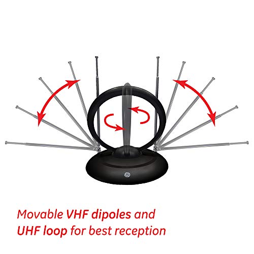 GE Cirular Loop Indoor HD Digital TV Antenna, Long Range Smart TV Antenna, Tiltable loop with 15in Dipoles, Supports 4K 1080P HD Smart TV VHF UHF, Passive Modern Rabbit Ear, 4ft Coax HDT Cable, 33694
