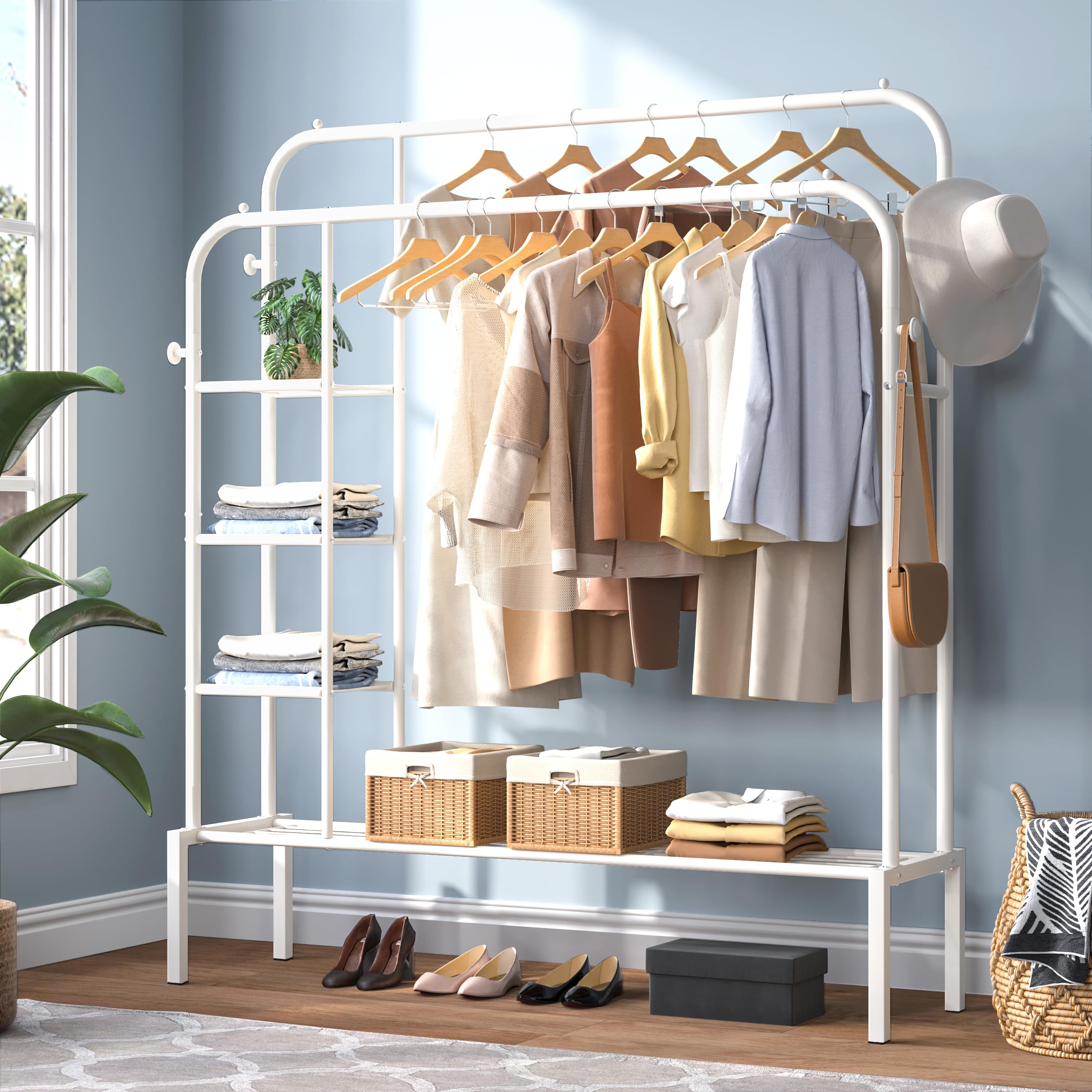 JOISCOPE Double Rods Portable Garment Rack for Hanging clothes, 49.6 * 62.2 Inch Metal Clothing Rack with Bottom Shelves and 4 Hooks,Freestanding Clothes Rack for Bedroom,Space Saving, White
