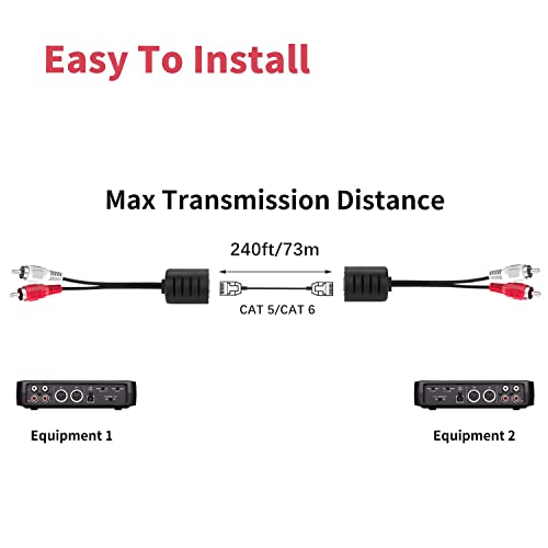 Audio Balun, 2-Pack Stereo RCA to Stereo RCA Audio Extender Over Cat5 / Cat6 UIInosoo 2 RCA to RJ45 Stereo Cable