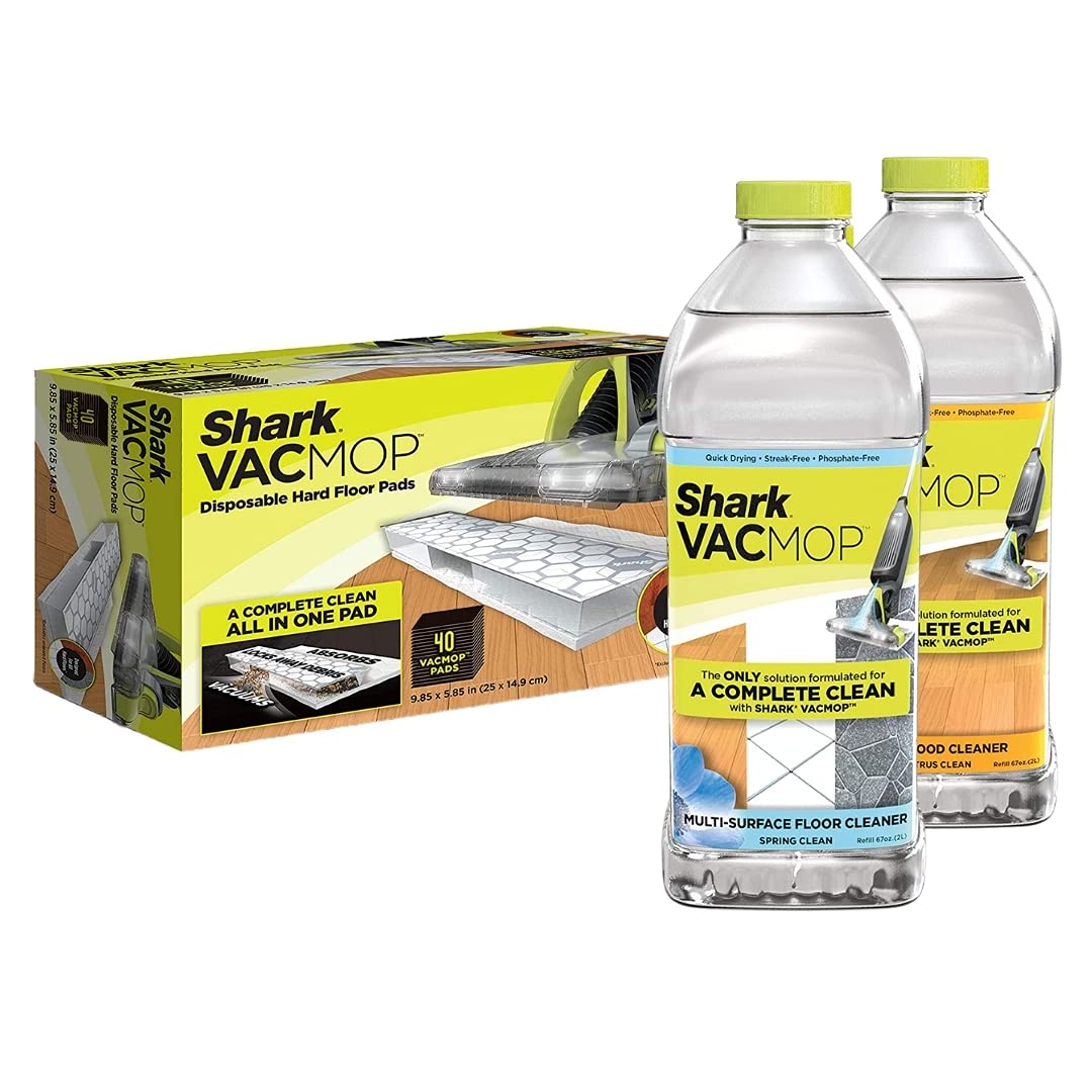 Shark VMP40 VACMOP Pro Cordless Hard Floor Vacmop Pad Refills (40 ct.) & 1 Bottle of Multi-Surface Cleaner Spring Fresh Scent and 1 Bottle Hardwood Surface Cleaner Fresh Citrus (Packaging May Vary)