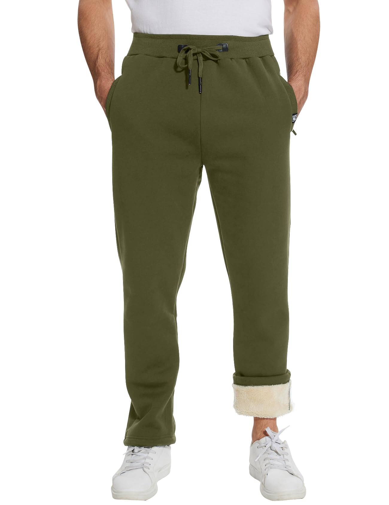 Flygo Men's Fleece Pants Sherpa Lined Sweatpants Active Athletic Winter Warm Jogger Pants(Straight Bottom ArmyGreen-M)