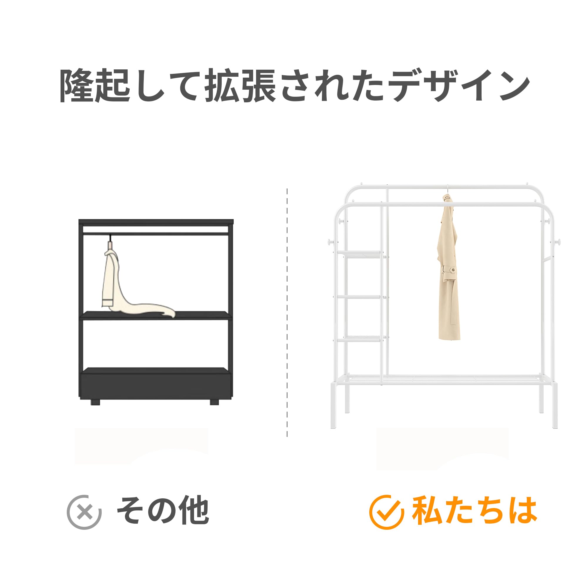 JOISCOPE Double Rods Portable Garment Rack for Hanging clothes, 49.6 * 62.2 Inch Metal Clothing Rack with Bottom Shelves and 4 Hooks,Freestanding Clothes Rack for Bedroom,Space Saving, White