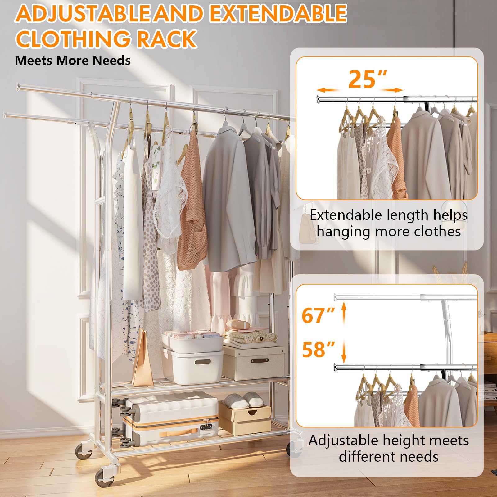 Heavy Duty Clothing Racks For Hanging Clothes, 600lbs Load Capacity Rolling Clothing Rack with Wheels, Double Rail Clothing Garment Racks, Adjustable Rack for Clothes