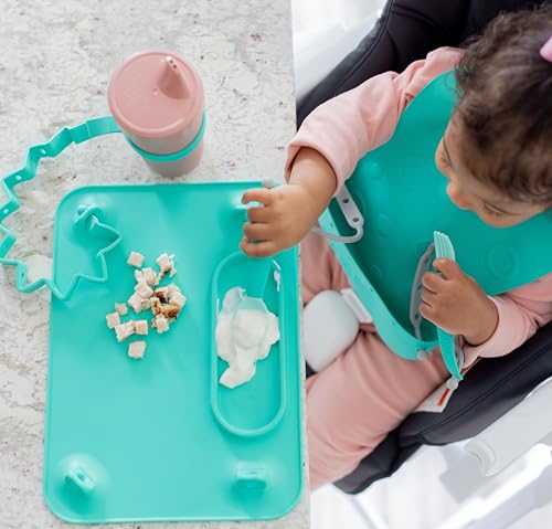 BUSY BABY Silicone Mat - Suction Cups, 4 Straps to Secure Baby Essentials, Self Feeding, Baby Led Weaning, Travel Sleeve Included (Olive)