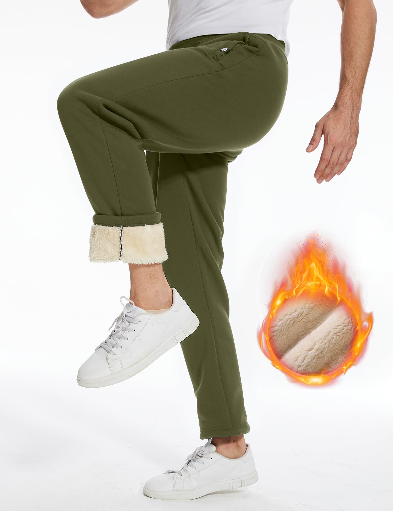 Flygo Men's Fleece Pants Sherpa Lined Sweatpants Active Athletic Winter Warm Jogger Pants(Straight Bottom ArmyGreen-M)