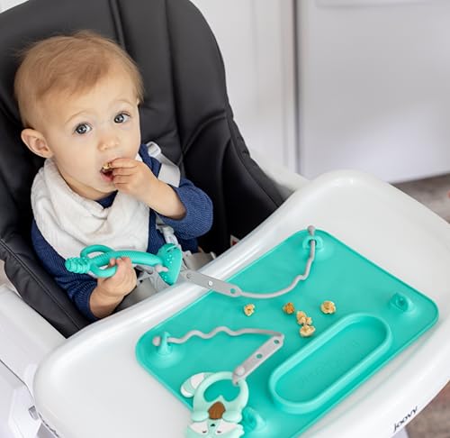 BUSY BABY Silicone Mat - Suction Cups, 4 Straps to Secure Baby Essentials, Self Feeding, Baby Led Weaning, Travel Sleeve Included (Olive)