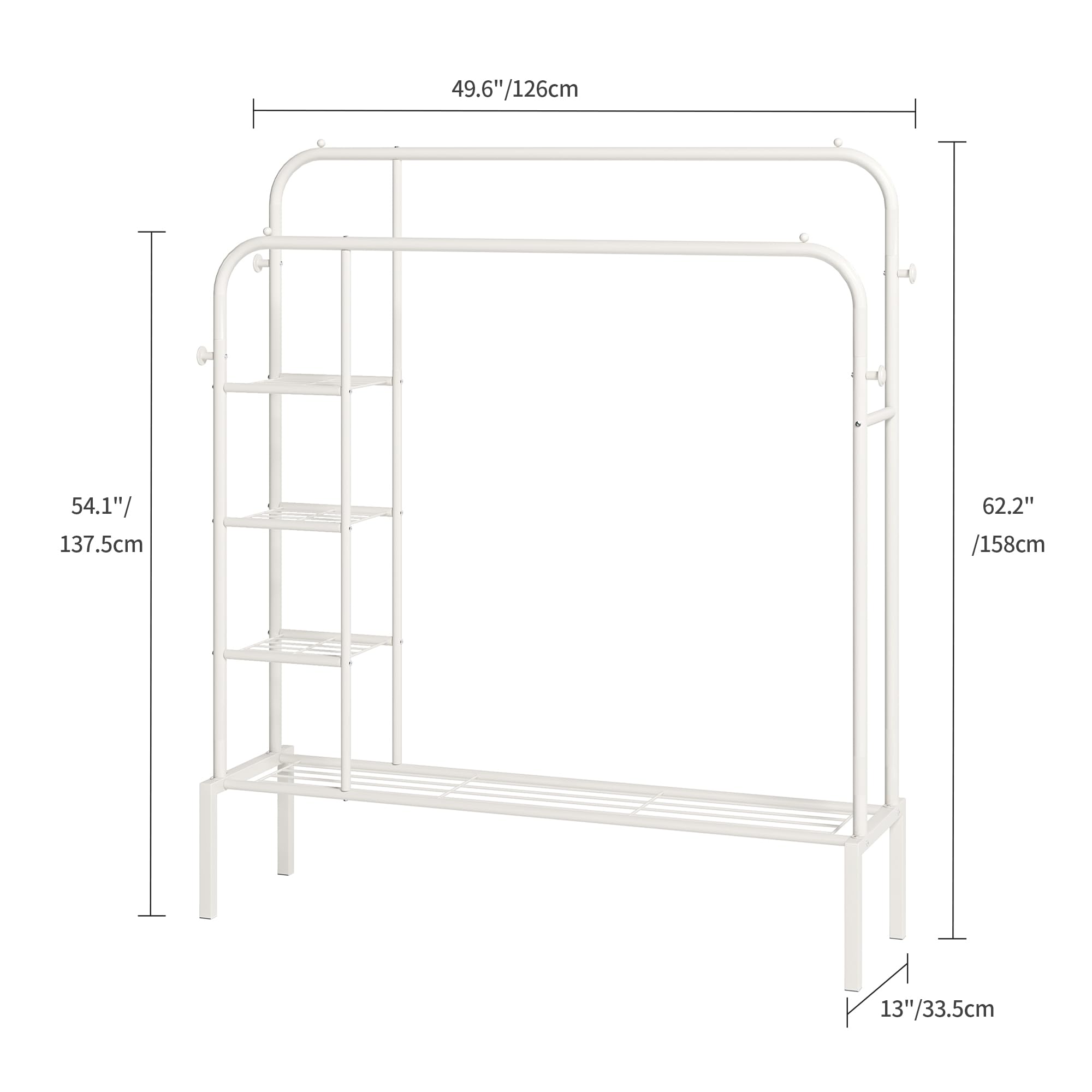JOISCOPE Double Rods Portable Garment Rack for Hanging clothes, 49.6 * 62.2 Inch Metal Clothing Rack with Bottom Shelves and 4 Hooks,Freestanding Clothes Rack for Bedroom,Space Saving, White