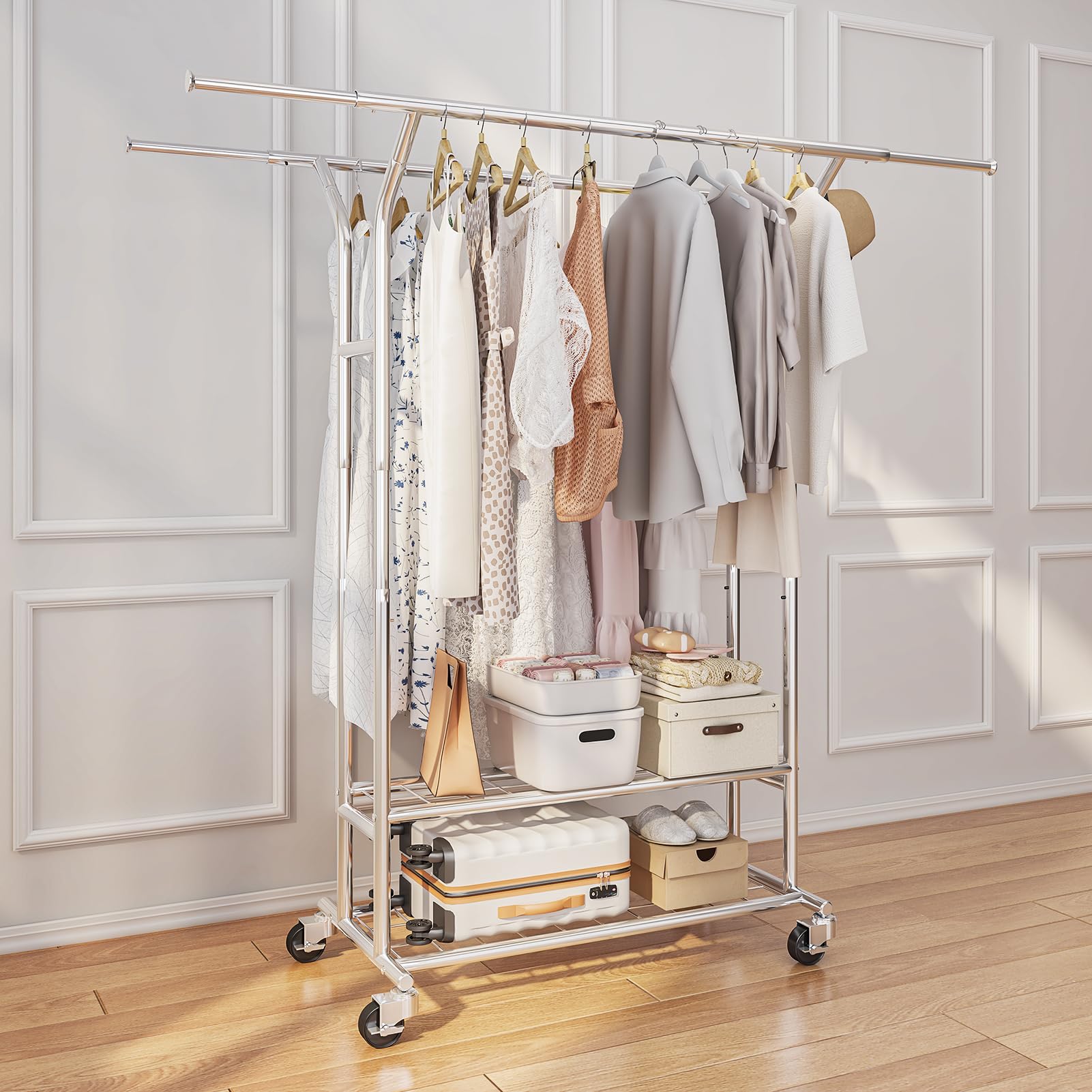 Heavy Duty Clothing Racks For Hanging Clothes, 600lbs Load Capacity Rolling Clothing Rack with Wheels, Double Rail Clothing Garment Racks, Adjustable Rack for Clothes