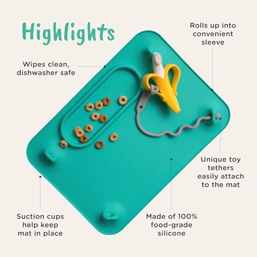 BUSY BABY Silicone Mat - Suction Cups, 4 Straps to Secure Baby Essentials, Self Feeding, Baby Led Weaning, Travel Sleeve Included (Olive)