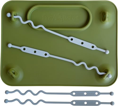 BUSY BABY Silicone Mat - Suction Cups, 4 Straps to Secure Baby Essentials, Self Feeding, Baby Led Weaning, Travel Sleeve Included (Olive)